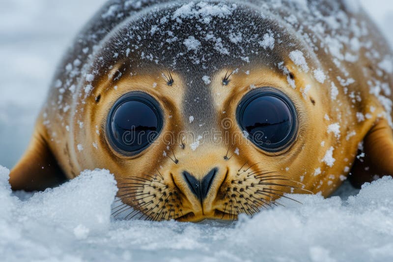 A Young Seal Reclines on the Icy Surface, Its Large Glossy Eyes Fixed ...