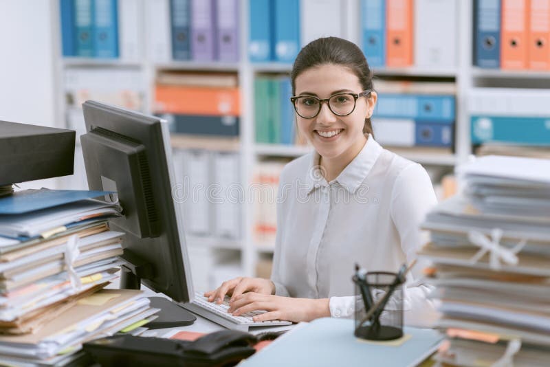 Young Secretary at Her Desk Stock Image - Image of office, internet ...
