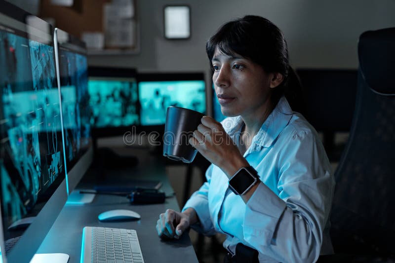 Young Security Guard with Cup of Coffee Stock Image - Image of system ...