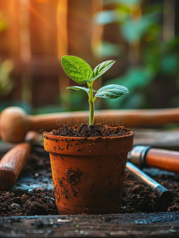 A Young Seedling Growing in a Small Pot with Gardening Tools Around ...
