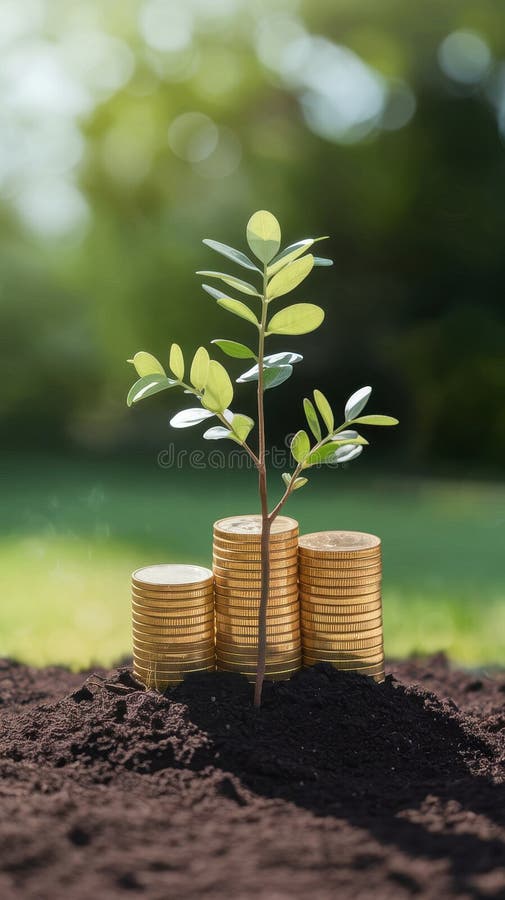 Young Seedling Surrounded by Gold Coins in Soil Stock Illustration ...