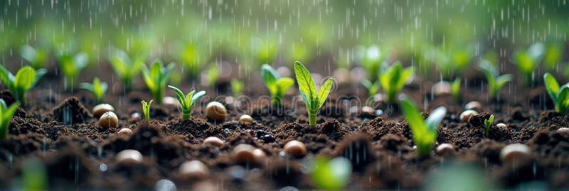 Young Seedlings Growing in Rain-soaked Soil in a Vibrant Garden Stock ...