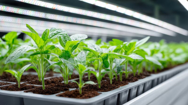 Young Seedlings Growing Under Led Lights in a Modern Indoor Farm ...