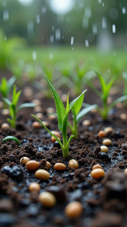 Young Seedlings in Rainfall Nurturing Growth in Fertile Soil Stock ...