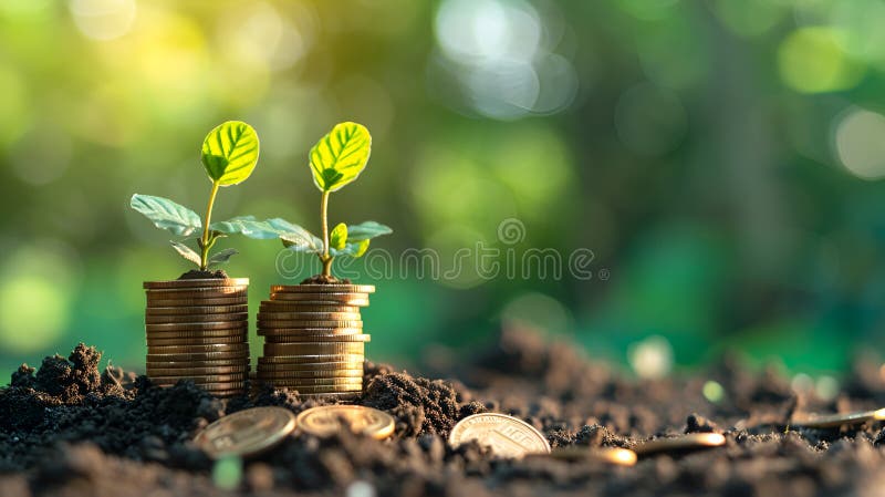 Young Seedlings Sprout from a Stack of Coins, a Backdrop of Green ...