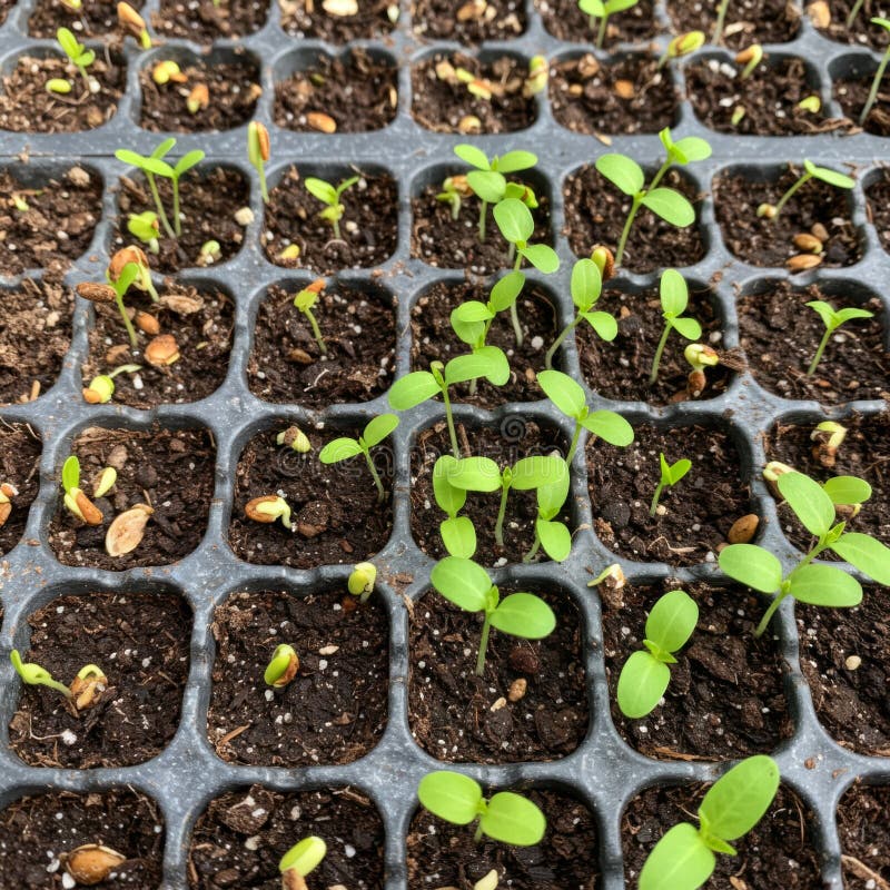 Young Seedlings Sprouting in a Black Seed Tray Stock Illustration ...