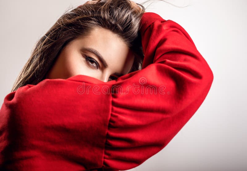 Young Sensual Model Woman in Red Pose in Studio. Stock Image - Image of ...