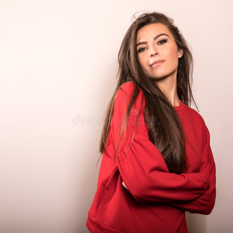Young Sensual Model Woman in Red Pose in Studio. Stock Image - Image of ...