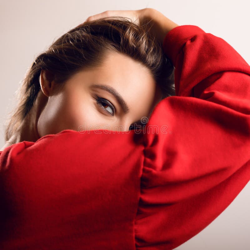 Young Sensual Model Woman in Red Pose in Studio. Stock Image - Image of ...