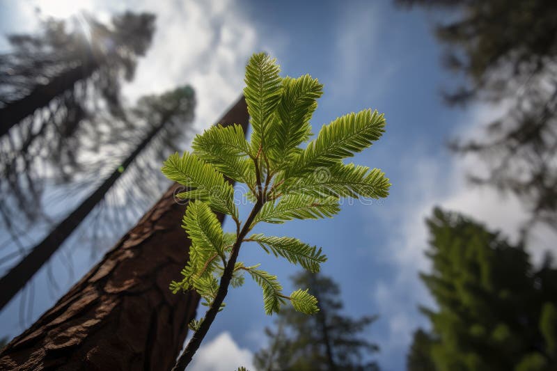 Young Sequoia Tree Reaching for the Sky with Its First New Leaves of ...