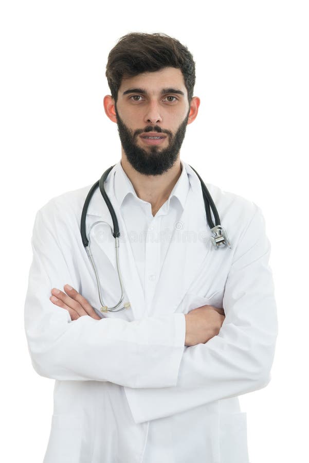 Young Serious Handsome Bearded Doctor with White Coat and Stethoscope ...