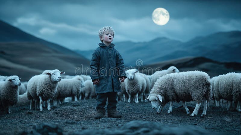 A Young Shepherd Boy Stands among a Flock of Sheep, Illuminated by ...