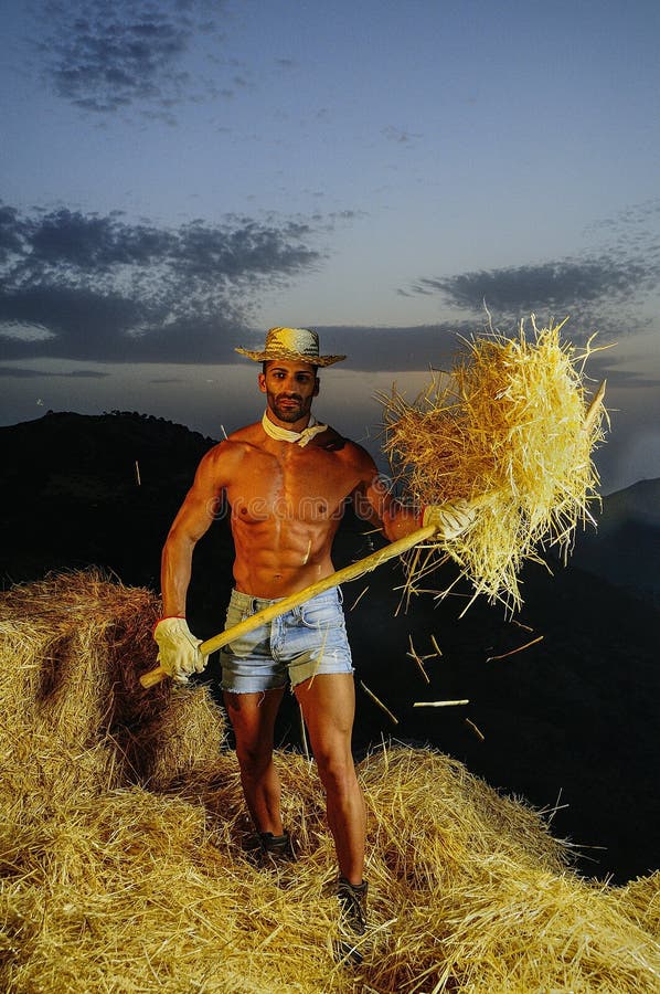 Young Shirtless Farmer with Body, Short Jeans and Hat with Pitchfork in ...