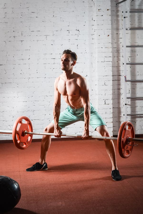 Young Shirtless Man during Workout at Gym, Deadlift Exercise. Stock ...