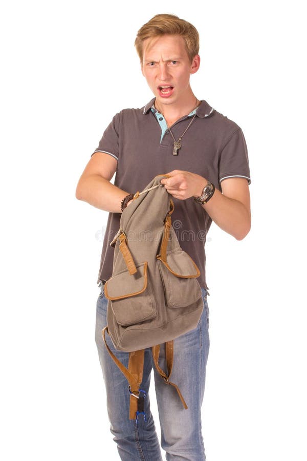 Young Shocked Student Opening His Backpack. Stock Image - Image of ...