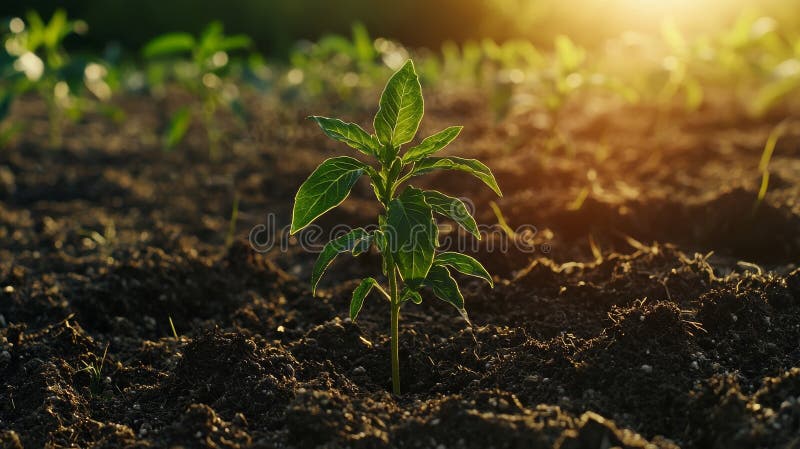 A Young Shoot Growing in Lush Soil with the Sunrise, Symbolizing Hope ...