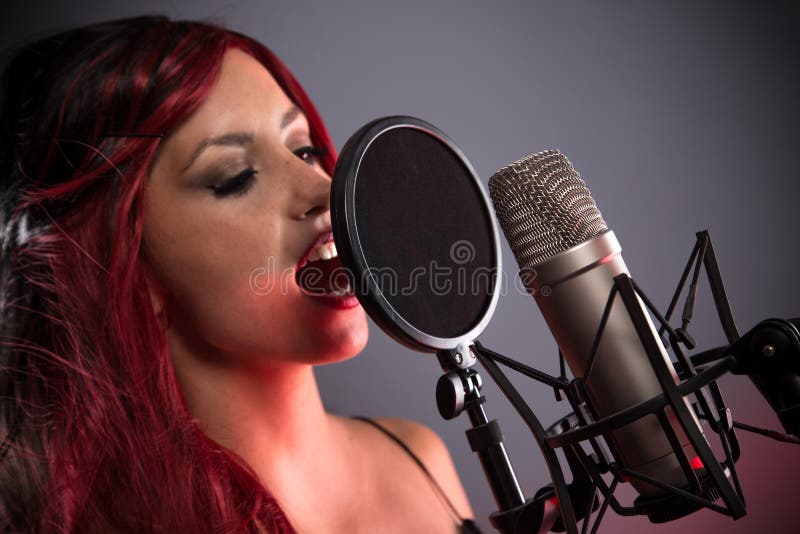 Young Singer with Studio Microphone Stock Photo - Image of discotheque ...