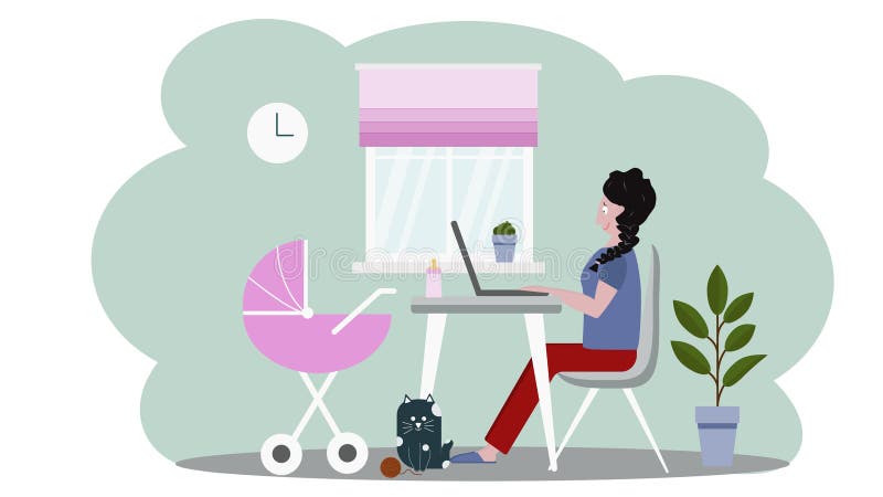 Young Single Mom Working from Home at Desk Withcomputer, with a ...