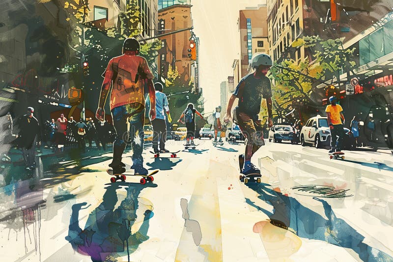 Young Skateboarders Energetically Riding Down a Street Together Stock ...