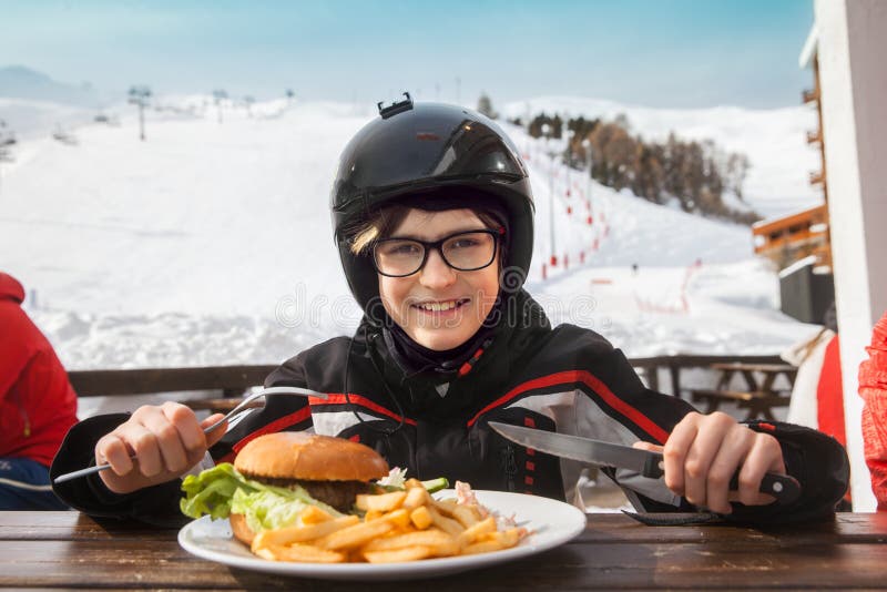 Young Skier Having Lunch Outdoor Cafe Stock Photos - Free & Royalty ...