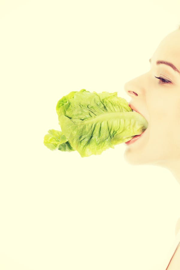 Young Slim Woman Eating Lettuce. Stock Image - Image of health, lettuce ...