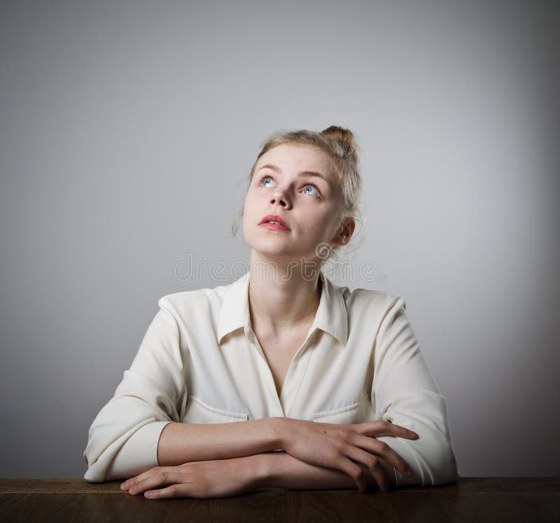 Hesitation. Girl in White and the Internet. Stock Image - Image of ...