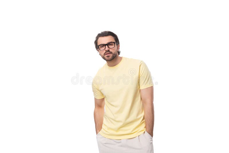 Young Smart Brunette Man With A Black Beard And Mustache In Glasses
