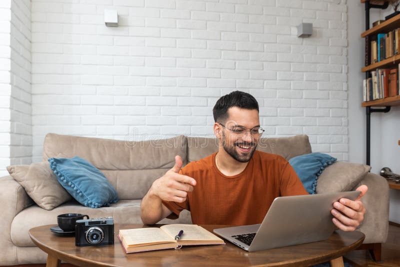 Young Smart Intelligent Student Man Sitting at Home on Floor Working As ...