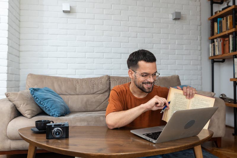 Young Smart Intelligent Student Man Sitting at Home on Floor Working As ...
