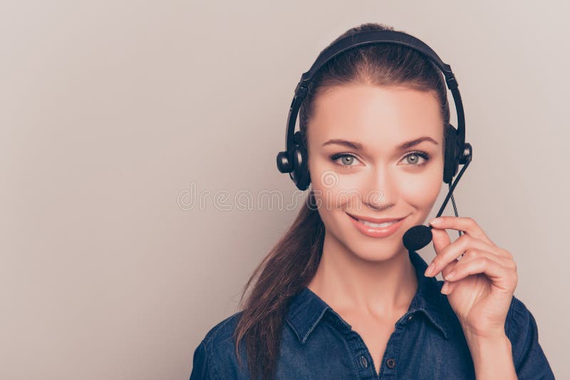 Young Smiling Agent of Call Center Touching Microphone Stock Photo ...