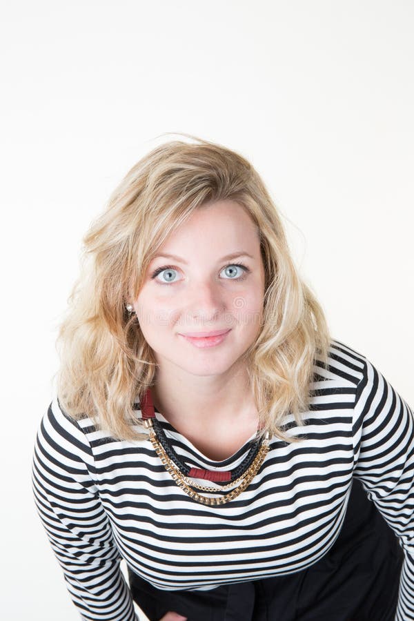 Young Smiling Blonde in Black White Shirt Isolated on White Background ... Young Smiling Blonde in Black White Shirt Isolated on White Background ...