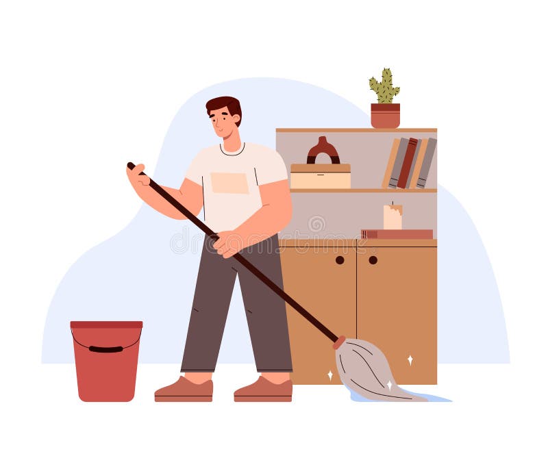Young Smiling Boy Mop Floor Flat Style, Vector Illustration Stock ...