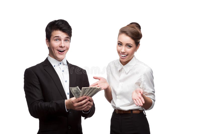 Young Smiling Business People Holding Money Stock Photo - Image of ...