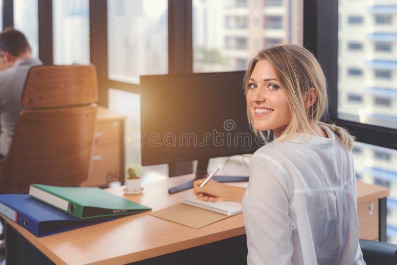 Young Smiling Business Woman Computer in Office, Copy Space Stock Image ... Young Smiling Business Woman Computer in Office, Copy Space Stock Image ...