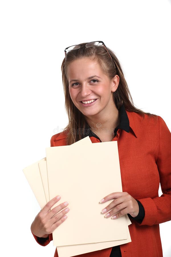 Young Smiling Business Woman Holding Files Stock Photo - Image of hair ...