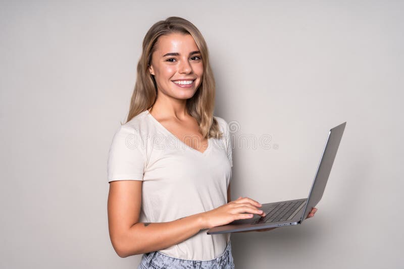 Young Smiling Confident Woman Using Laptop and Looking Camera Isolated ...