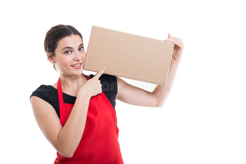 Young Smiling Employee Pointing Finger at Moving Box Stock Image ...
