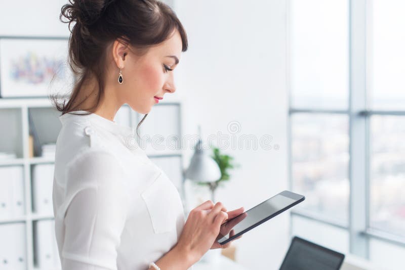 Female Worker Using Laptop in Office, Working with New Project. Woman ...