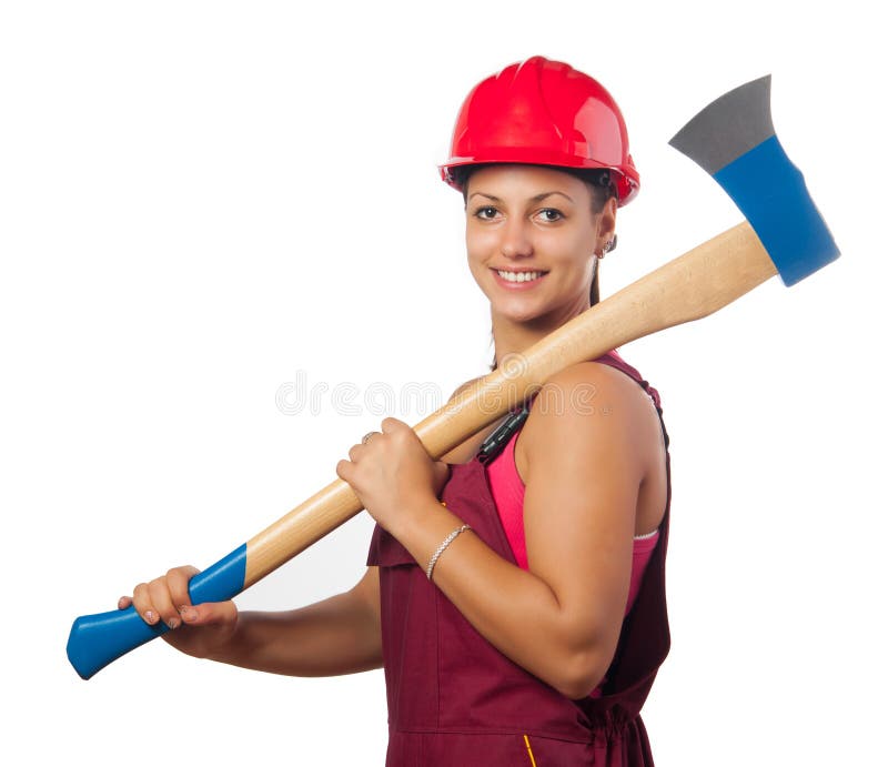 Young Smiling Female Woodcutter with Hard Hat Stock Photo - Image of ...
