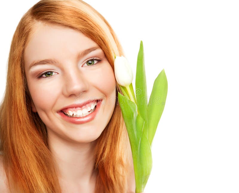 Young Smiling Girl with Tulip Stock Image - Image of expression, hair ...