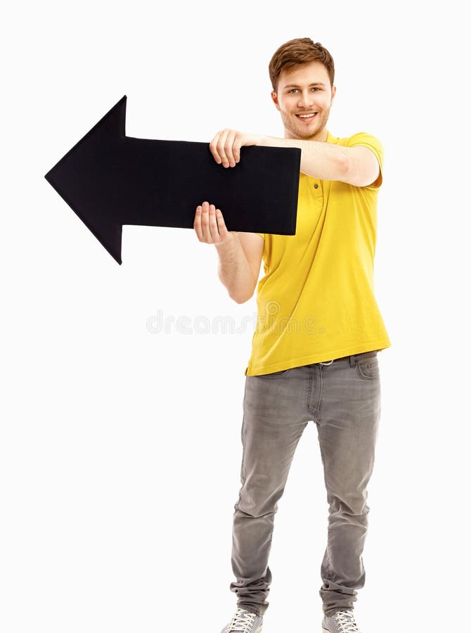 Young Smiling Man Holding Blank Pointer . Stock Photo - Image of color ...