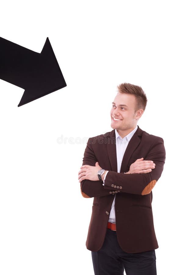 Young Smiling Man Holding Blank Pointer Stock Photo - Image of brown ...