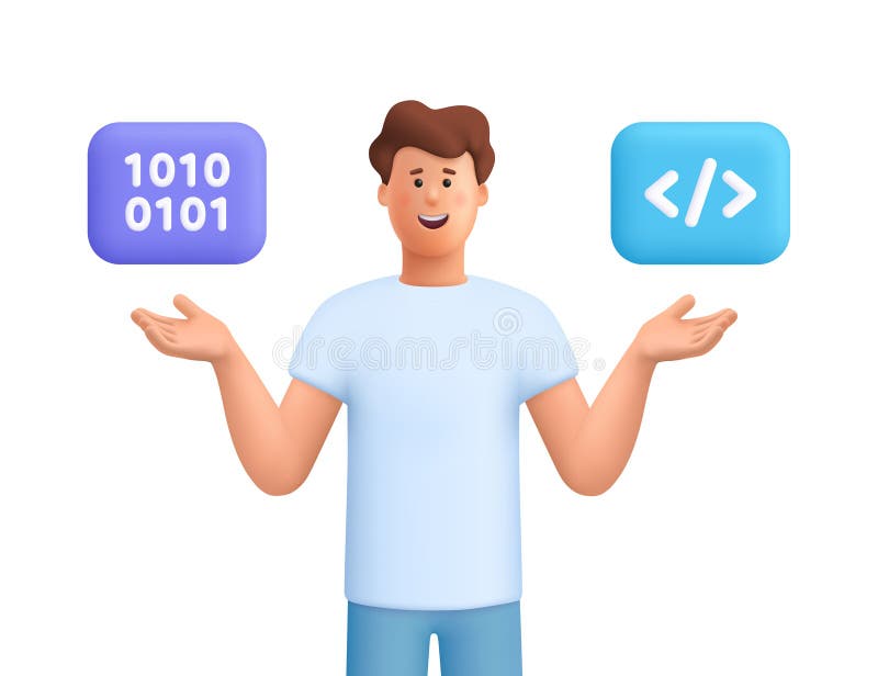 Young Smiling Man James Pointing To Programming Code and Binary Code Symbol. Stock Illustration ...