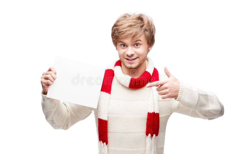 Young Smiling Man Pointing at Sign Stock Photo - Image of emotion ...