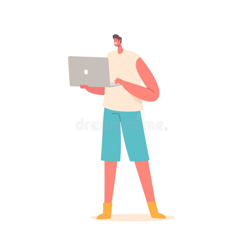 Young Smiling Man Standing With Laptop In Hands Engrossed In Work