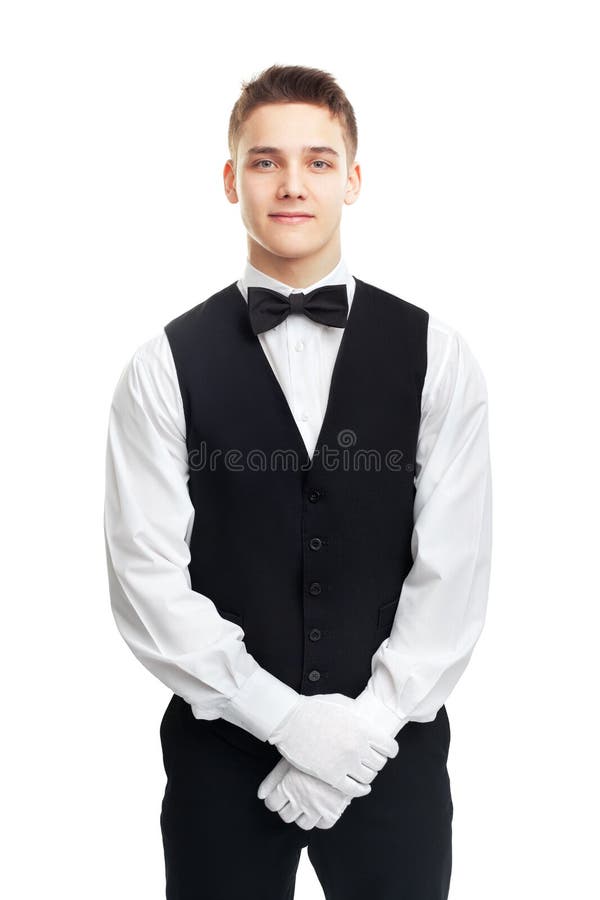 Young Smiling Waiter with Empty Tray Stock Image - Image of concierge ...