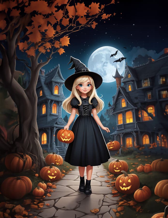A Young Smiling Witch Surrounded by Pumpkin Lanterns Steps Forward ...