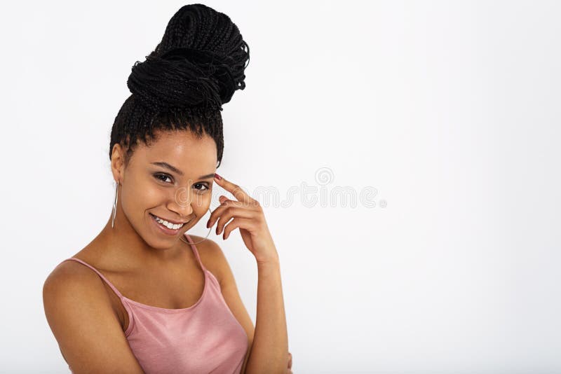Young Smiling Woman with Finger Near Head Stock Photo - Image of copy ...