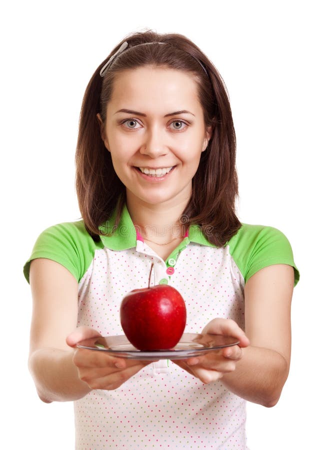 Young Smiling Woman Give Red Apple on Plate Stock Image - Image of ...