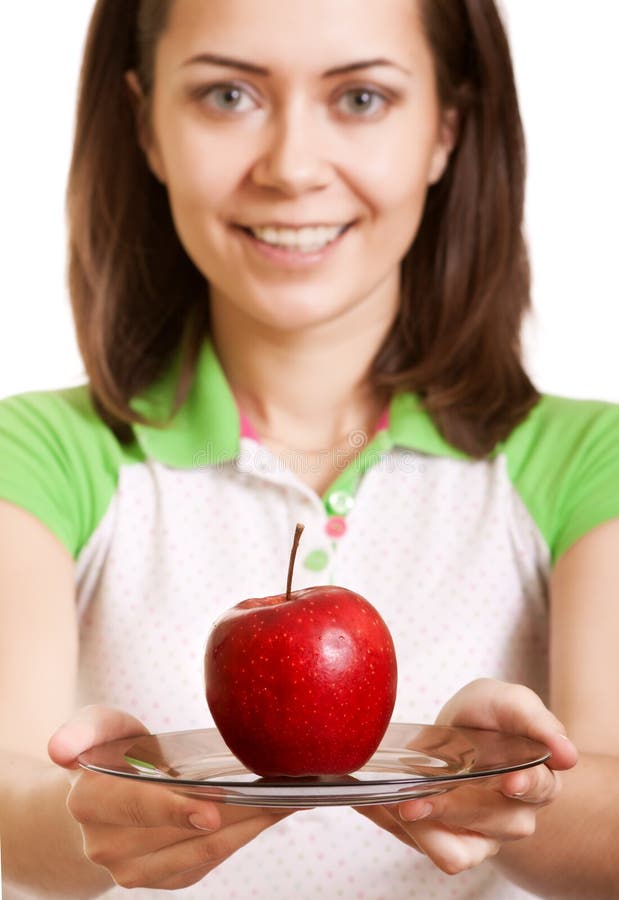 Young Smiling Woman Give Red Apple on Plate Stock Image - Image of ...
